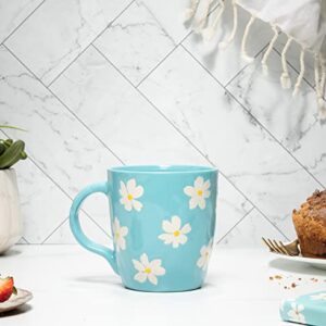 Eccolo Daisies Ceramic Coffee Mug, White and Blue Floral Handpainted Stoneware Tea Cup with Handles is Microwave, Dishwasher Safe, Medium Size Hot Drinking Cup - 16 Oz 473 ML