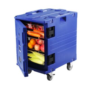 vevor insulated food pan carrier, 82 qt hot box for catering, lldpe food box carrier w/one-piece buckle, front loading food warmer w/handles, end loader w/wheels for restaurant, canteen, etc. blue