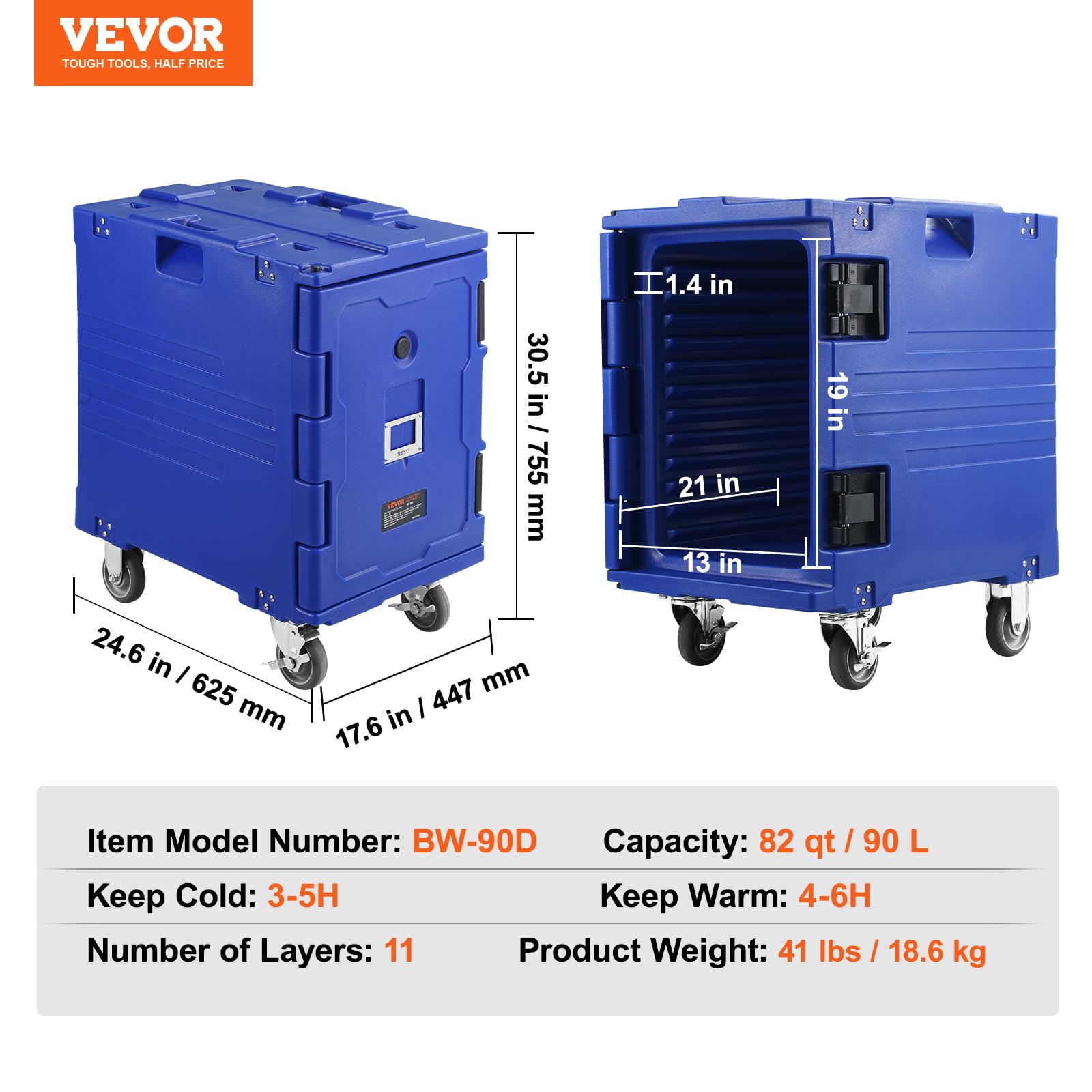 VEVOR Insulated Food Pan Carrier, 82 Qt Hot Box for Catering, LLDPE Food Box Carrier w/One-Piece Buckle, Front Loading Food Warmer w/Handles, End Loader w/Wheels for Restaurant, Canteen, etc. Blue