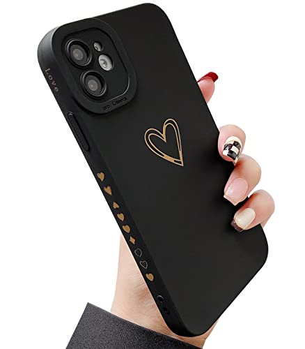 Qokey for iPhone 11 Case 6.1" 2019, Side&Back Cute Plated Love Heart with Anti-Fall Lens Cameras Cover Protection Soft TPU Shockproof Anti-Fingerprint Phone Cases for Women Girls Men - Black