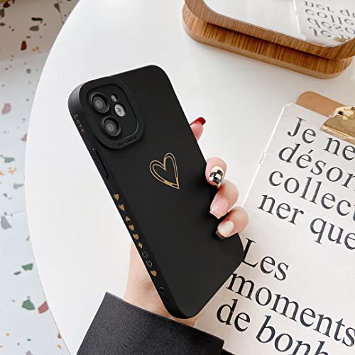 Qokey for iPhone 11 Case 6.1" 2019, Side&Back Cute Plated Love Heart with Anti-Fall Lens Cameras Cover Protection Soft TPU Shockproof Anti-Fingerprint Phone Cases for Women Girls Men - Black