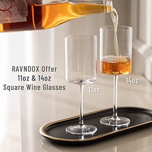 RAVNDOX Square Wine Glasses, WG4 White or Red Wine Glasses Set of 4, 14 Ounce Hand Blown Edge - Modern Flat Bottom - Unique Large Goblets…