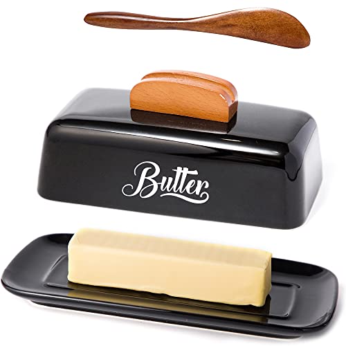 Butter Dish with Lid and Knife Ceramic Butter Holder for Counter Humanized Clamp-able Knife Handle Design, Perfect for East West Coast Butter, Black