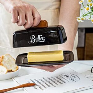 Butter Dish with Lid and Knife Ceramic Butter Holder for Counter Humanized Clamp-able Knife Handle Design, Perfect for East West Coast Butter, Black