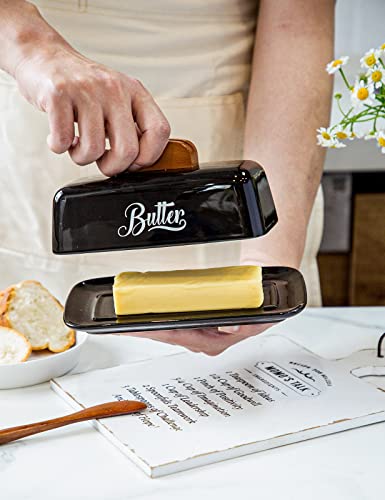 Butter Dish with Lid and Knife Ceramic Butter Holder for Counter Humanized Clamp-able Knife Handle Design, Perfect for East West Coast Butter, Black