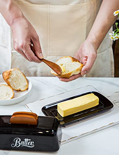 Butter Dish with Lid and Knife Ceramic Butter Holder for Counter Humanized Clamp-able Knife Handle Design, Perfect for East West Coast Butter, Black