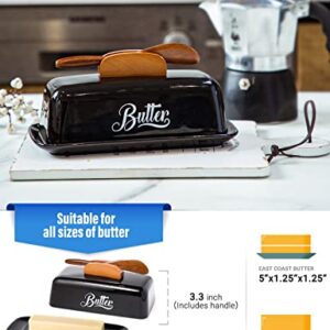 Butter Dish with Lid and Knife Ceramic Butter Holder for Counter Humanized Clamp-able Knife Handle Design, Perfect for East West Coast Butter, Black