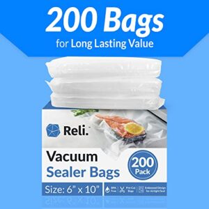 Reli. Vacuum Sealer Bags 6x10 in. | 200 Bags | Pre-Cut Embossed Vacuum Bags for Food | BPA Free | Vacuum Sealer Bags for Sous Vide, Food Storage/Food Prep | Pint Size, Clear