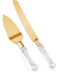 homi styles wedding cake knife and server set | plastic faux crystal handles & 420 stainless steel titanium gold plated blades | cake cutting set for wedding cake, birthdays, anniversaries, parties