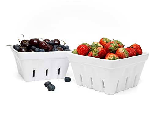 Woouch Ceramic Berry Basket, Square Fruit Bowl With Holes, 5.7" Colander For Kitchen, Cute Small Container For Berries, Strawberry, Grape, Cherry, Rustic Stoneware Décor (White)