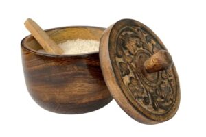 rustic salt box cellar with hand carved lid & spoon, wooden salt pinch bowls | wood salt keeper, spice bowls for cooking | salt pepper tea sugar coffee storage holder for kitchen, mothers day gift