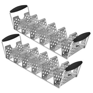 blackstone 5551 deluxe holder stand pack of 2 stainless steel racks with heat resistant handles-one tray holds 6 tacos-dishwasher safe, black/silver