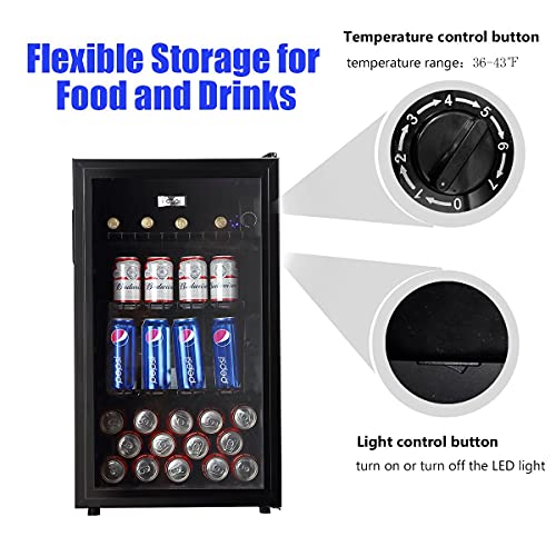 WANAI Beverage Refrigerator Cooler Fridge Glass Door 125Can Beer Fridge Beverage Cooler Drinks Wines Juice Soda Cooler Adjustable Shelves Blue LED Lights Temp Control for Home Office Dorm Bar 3.5 Cu. Ft