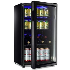 wanai beverage refrigerator cooler fridge glass door 125can beer fridge beverage cooler drinks wines juice soda cooler adjustable shelves blue led lights temp control for home office dorm bar 3.5 cu. ft