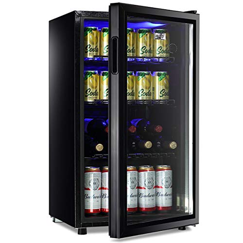 WANAI Beverage Refrigerator Cooler Fridge Glass Door 125Can Beer Fridge Beverage Cooler Drinks Wines Juice Soda Cooler Adjustable Shelves Blue LED Lights Temp Control for Home Office Dorm Bar 3.5 Cu. Ft