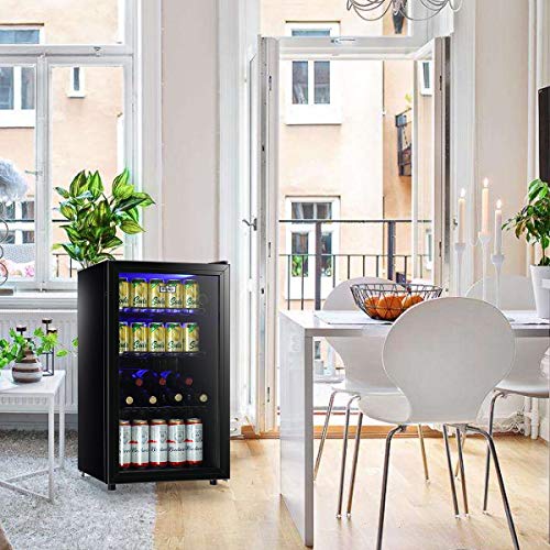 WANAI Beverage Refrigerator Cooler Fridge Glass Door 125Can Beer Fridge Beverage Cooler Drinks Wines Juice Soda Cooler Adjustable Shelves Blue LED Lights Temp Control for Home Office Dorm Bar 3.5 Cu. Ft