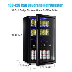 WANAI Beverage Refrigerator Cooler Fridge Glass Door 125Can Beer Fridge Beverage Cooler Drinks Wines Juice Soda Cooler Adjustable Shelves Blue LED Lights Temp Control for Home Office Dorm Bar 3.5 Cu. Ft