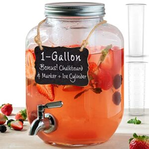 1 gallon glass water dispenser with stainless steel spigot + marker & chalkboard, & ice cylinder - 100% leakproof beverage dispenser mason jar drink dispenser gallon jug - laundry detergent holder.