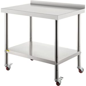 vevor stainless steel prep table, 24 x 15 x 35 inch, 440lbs load capacity heavy duty metal worktable with backsplash adjustable undershelf & 4 casters, commercial workstation for kitchen restaurant