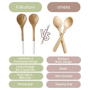 Folkulture Salad Servers or Salad Tongs, Wooden Utensils for Serving Salad, Salad Forks or Salad Tongs for Serving, Salad Sling, 12-inch Spoon and Fork Set, Mango Wood, White