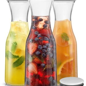 JoyJolt Glass Carafe with Lids. 3 Glass Carafes for Mimosa Bar 36 oz Capacity. 6 Lids! Brunch Decorations, Bedside Water Carafe, Orange Juice Container, Catering Drink Carafes & Pitchers for Parties