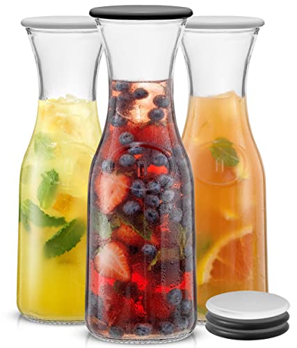 JoyJolt Glass Carafe with Lids. 3 Glass Carafes for Mimosa Bar 36 oz Capacity. 6 Lids! Brunch Decorations, Bedside Water Carafe, Orange Juice Container, Catering Drink Carafes & Pitchers for Parties