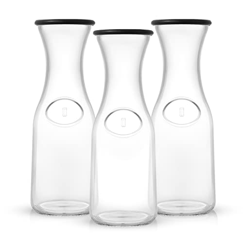 JoyJolt Glass Carafe with Lids. 3 Glass Carafes for Mimosa Bar 36 oz Capacity. 6 Lids! Brunch Decorations, Bedside Water Carafe, Orange Juice Container, Catering Drink Carafes & Pitchers for Parties