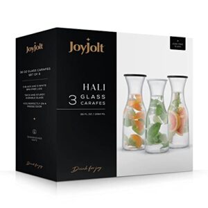 JoyJolt Glass Carafe with Lids. 3 Glass Carafes for Mimosa Bar 36 oz Capacity. 6 Lids! Brunch Decorations, Bedside Water Carafe, Orange Juice Container, Catering Drink Carafes & Pitchers for Parties