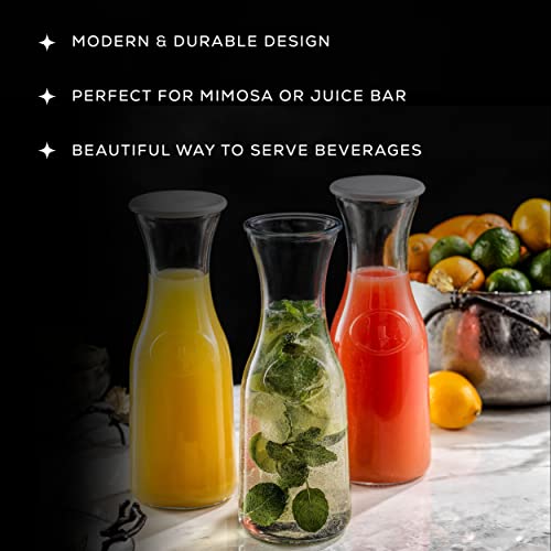 JoyJolt Glass Carafe with Lids. 3 Glass Carafes for Mimosa Bar 36 oz Capacity. 6 Lids! Brunch Decorations, Bedside Water Carafe, Orange Juice Container, Catering Drink Carafes & Pitchers for Parties