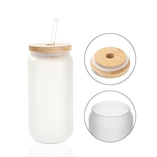 PYD Life Sublimation Glass Cans Blanks Frosted 18 OZ with Bamboo Lid and Clear Glass Straw Beer Cans Wide Mouth Jar Tumbler Cups Mugs for Iced Coffee,Juice,Soda,Drinks,Beer 6 Pack