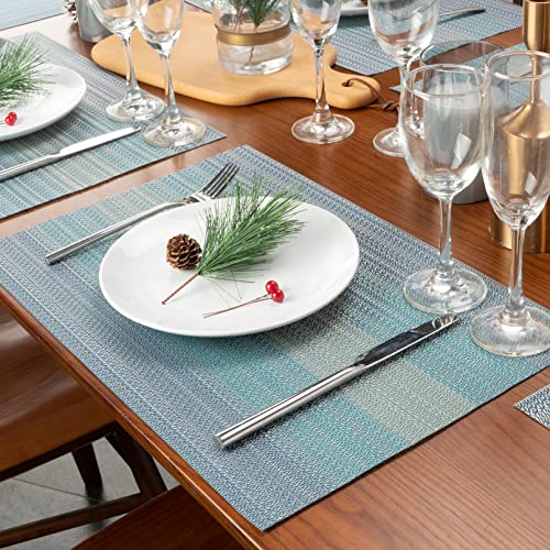 Winknowl Placemats, Set of 8 Heat Resistant Stain Resistant Woven Vinyl Insulation Placemats, Durable Washable Elegant Table Mats for Dining (Blue)