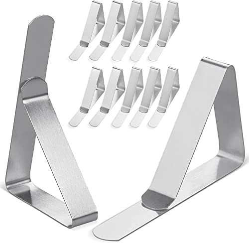 Clipra Tablecloth Clips [USA Based Brand] - 12 Pack Stainless Steel, Rust Proof Table Cloth Clips - Table Clips for Home, Restaurants, Picnic, Party, Dining Tables - Fits Up to 1.8 Inch Thick Tables