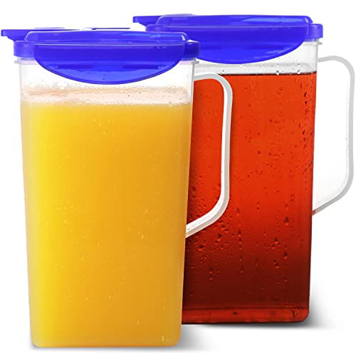 Pitcher 50 Oz. (Set of 2) Plastic Pitcher with Lid | Jug for Fridge | Juice Container with Lid | Iced Tea Pitcher | Airtight Pitcher with Spout Perfect for Lemonade, Water. BPA Free, Blue (Small)