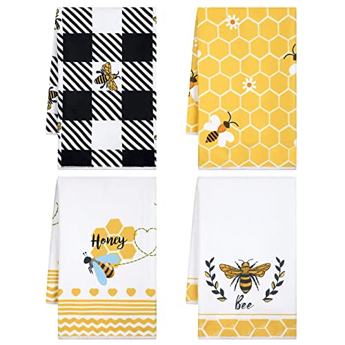 4 Pcs Bee Kitchen Towel Honey Bee Dish Towels Honeycomb Kitchen Towels Bee Bath Tea Towels Bee Hand Polyester Towel Bee Dish Cloths Absorbent for Kitchen Bathroom Home 16 x 24 Inches (Black, Bee)