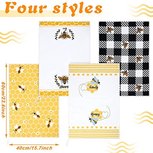 4 Pcs Bee Kitchen Towel Honey Bee Dish Towels Honeycomb Kitchen Towels Bee Bath Tea Towels Bee Hand Polyester Towel Bee Dish Cloths Absorbent for Kitchen Bathroom Home 16 x 24 Inches (Black, Bee)