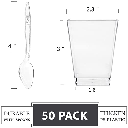 TOFLEN 50ct 5 oz Mini Dessert Cups with Spoons, Clear Plastic Square Dessert Shooters Reusable Party Serving Tumbler Cups for Parfait Appetizer & Dessert Shot Glasses