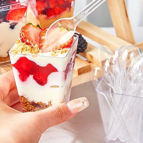 TOFLEN 50ct 5 oz Mini Dessert Cups with Spoons, Clear Plastic Square Dessert Shooters Reusable Party Serving Tumbler Cups for Parfait Appetizer & Dessert Shot Glasses