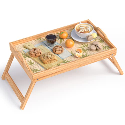 Bamboo Bed Tray Table, Breakfast Tray w/Removable Bamboo Mat & Folding Legs & Handles, Bed Trays for Eating & Reading…