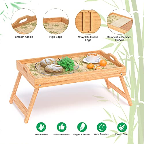 Bamboo Bed Tray Table, Breakfast Tray w/Removable Bamboo Mat & Folding Legs & Handles, Bed Trays for Eating & Reading…