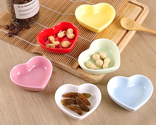 WHJY Pink Love Heart Shaped Ceramic Side Dish Bowl, Contemporary Porcelain Side Dishes Bowl, Seasoning Dishes Soy Dipping Sauce Dishes for Wedding Birthday Party- Set of 6