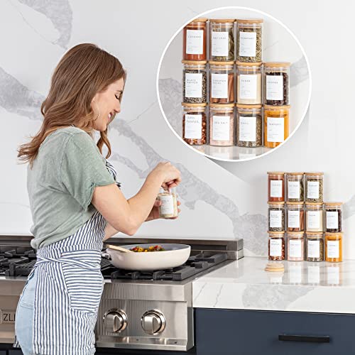 Bloomondo Empty Spice Jars with Label Pack (12x Bamboo Lid Glass Jar). Small 6oz Spice Storage Bottles with 112 Printed Spice Stickers and 48 Writable Pantry Labels for Seasoning Containers