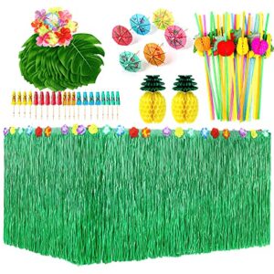 hawaiian tropical party decoration pack with 9feet hawaiian grass table skirt, hibiscus flowers, palm leaves, paper pineapple, hawaiian beach theme party favors luau party supplies