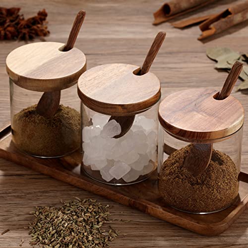 3 Pack 250ml / 8.5oz Clear Glass Seasoning Jar with Wooden Lid and Spoon, Adorable Sugar Bowl Bath Salt Storage Container, Kitchen Pepper