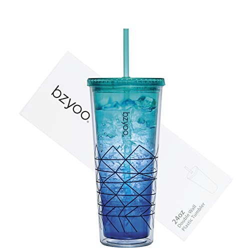 bzyoo SIP 24oz (710ml) Double Wall Plastic Tumbler with Lid and Straw Cold Drink Travel Mug Party Reusable Cup For Office Outdoor Dining Gift For Him & Her (Blue & Green)