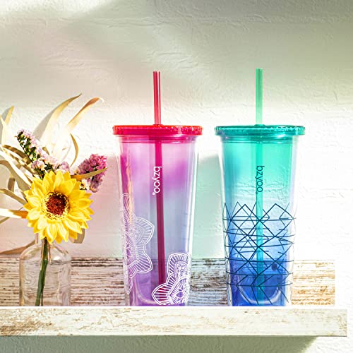 bzyoo SIP 24oz (710ml) Double Wall Plastic Tumbler with Lid and Straw Cold Drink Travel Mug Party Reusable Cup For Office Outdoor Dining Gift For Him & Her (Blue & Green)