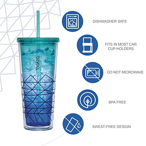 bzyoo SIP 24oz (710ml) Double Wall Plastic Tumbler with Lid and Straw Cold Drink Travel Mug Party Reusable Cup For Office Outdoor Dining Gift For Him & Her (Blue & Green)