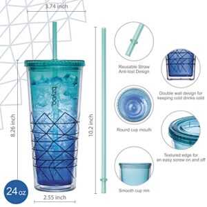 bzyoo SIP 24oz (710ml) Double Wall Plastic Tumbler with Lid and Straw Cold Drink Travel Mug Party Reusable Cup For Office Outdoor Dining Gift For Him & Her (Blue & Green)