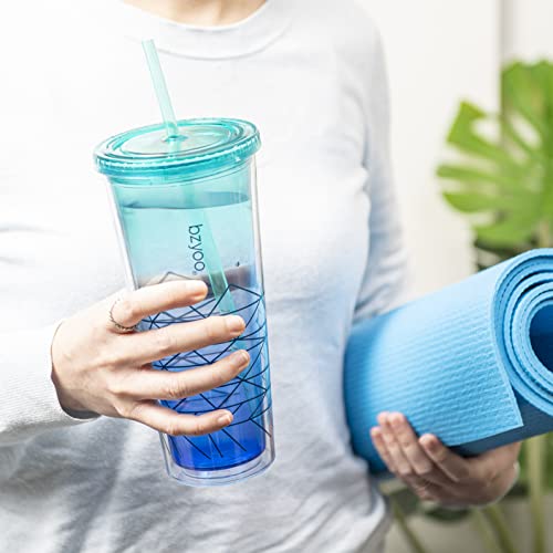 bzyoo SIP 24oz (710ml) Double Wall Plastic Tumbler with Lid and Straw Cold Drink Travel Mug Party Reusable Cup For Office Outdoor Dining Gift For Him & Her (Blue & Green)