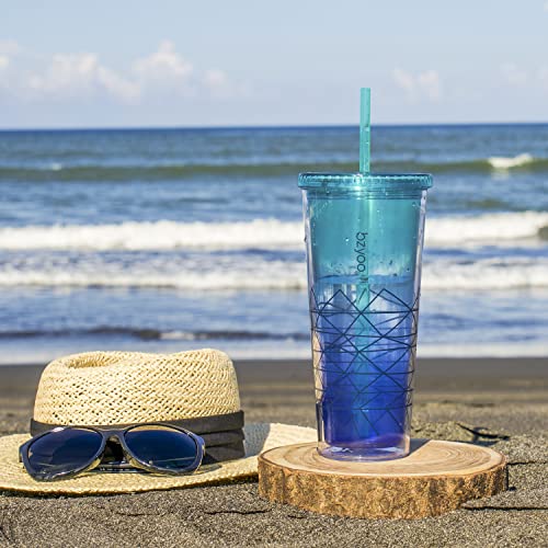 bzyoo SIP 24oz (710ml) Double Wall Plastic Tumbler with Lid and Straw Cold Drink Travel Mug Party Reusable Cup For Office Outdoor Dining Gift For Him & Her (Blue & Green)