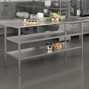 bizchair stainless steel 18 gauge work table with 1.5" backsplash and 2 undershelves - 72" w x 30" d x 34.5" h, nsf